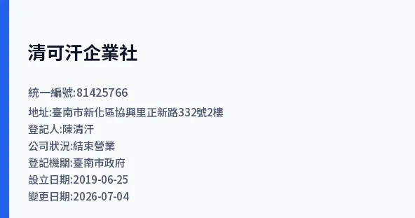 清可汗企業社的照片-統編 81425766(臺南市) 公司登記資料與營業項目詳細圖表