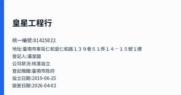 皇星工程行的照片-統編 81425822(臺南市) 公司登記資料與營業項目詳細圖表