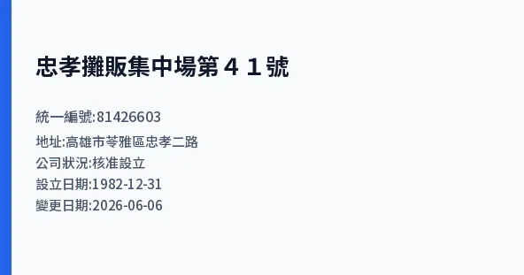 忠孝攤販集中場第41號的照片-統編 81426603(高雄市) 公司登記資料與營業項目詳細圖表