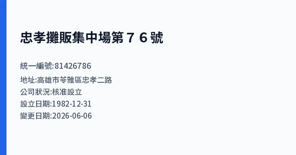 忠孝攤販集中場第76號的照片-統編 81426786(高雄市) 公司登記資料與營業項目詳細圖表
