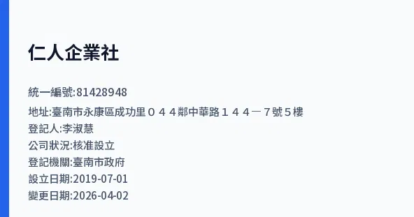 仁人企業社的照片-統編 81428948(臺南市) 公司登記資料與營業項目詳細圖表