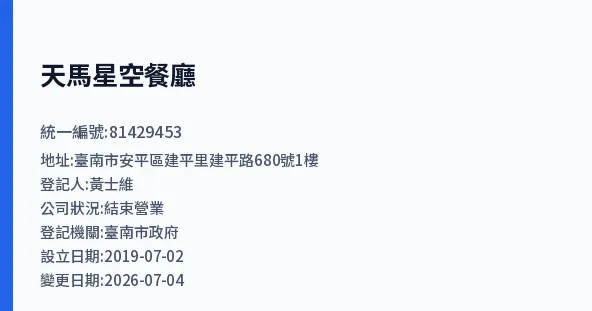 天馬星空餐廳的照片-統編 81429453(臺南市) 公司登記資料與營業項目詳細圖表