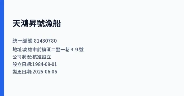 天鴻昇號漁船的照片-統編 81430780(高雄市) 公司登記資料與營業項目詳細圖表