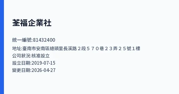 荃福企業社的照片-統編 81432400(臺南市) 公司登記資料與營業項目詳細圖表