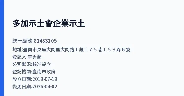 多加示土會企業示土的照片-統編 81433105(臺南市) 公司登記資料與營業項目詳細圖表