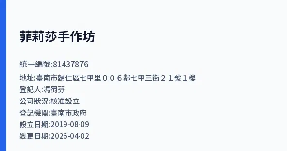 菲莉莎手作坊的照片-統編 81437876(臺南市) 公司登記資料與營業項目詳細圖表