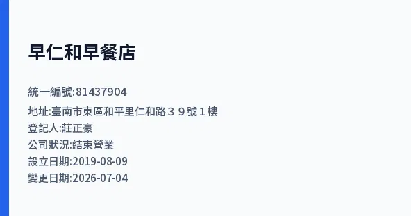 早仁和早餐店的照片-統編 81437904(臺南市) 公司登記資料與營業項目詳細圖表