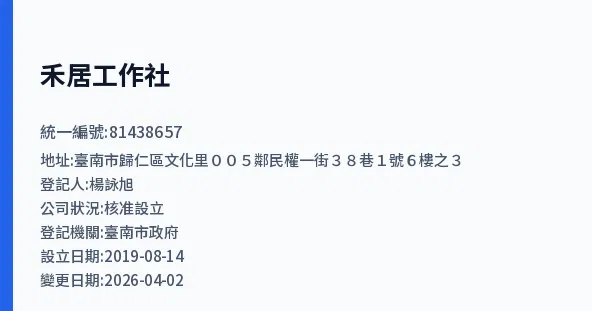 禾居工作社的照片-統編 81438657(臺南市) 公司登記資料與營業項目詳細圖表