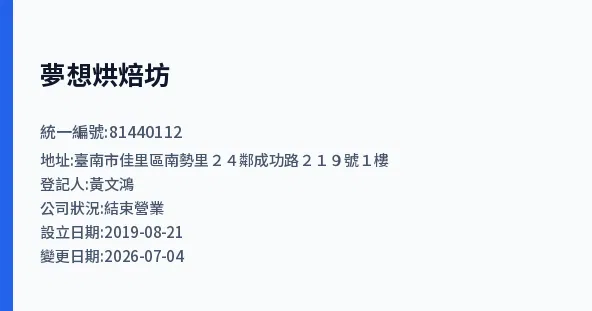 夢想烘焙坊的照片-統編 81440112(臺南市) 公司登記資料與營業項目詳細圖表