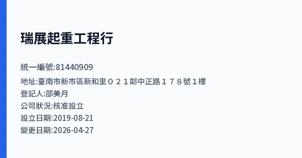 瑞展起重工程行的照片-統編 81440909(臺南市) 公司登記資料與營業項目詳細圖表