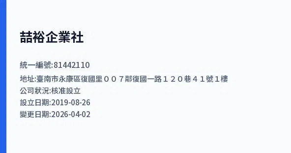 喆裕企業社的照片-統編 81442110(臺南市) 公司登記資料與營業項目詳細圖表