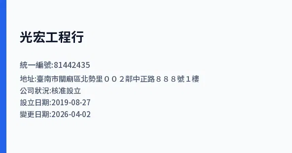光宏工程行的照片-統編 81442435(臺南市) 公司登記資料與營業項目詳細圖表