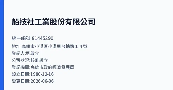 船技社工業股份有限公司的照片-統編 81445290(高雄市) 公司登記資料與營業項目詳細圖表