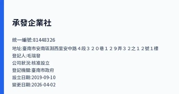 承發企業社的照片-統編 81448326(臺南市) 公司登記資料與營業項目詳細圖表