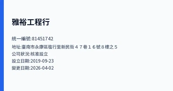 雅裕工程行的照片-統編 81451742(臺南市) 公司登記資料與營業項目詳細圖表