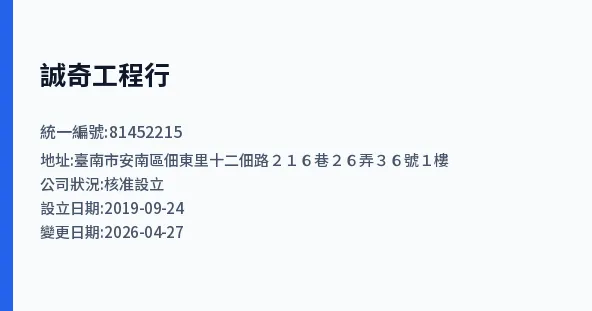 誠奇工程行的照片-統編 81452215(臺南市) 公司登記資料與營業項目詳細圖表
