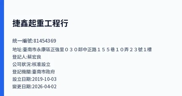捷鑫起重工程行的照片-統編 81454369(臺南市) 公司登記資料與營業項目詳細圖表