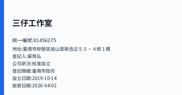 三仔工作室的照片-統編 81456275(臺南市) 公司登記資料與營業項目詳細圖表