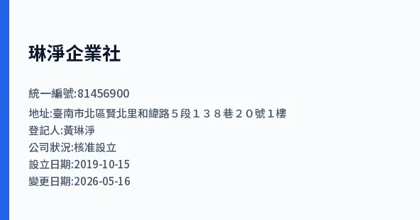 琳淨企業社的照片-統編 81456900(臺南市) 公司登記資料與營業項目詳細圖表