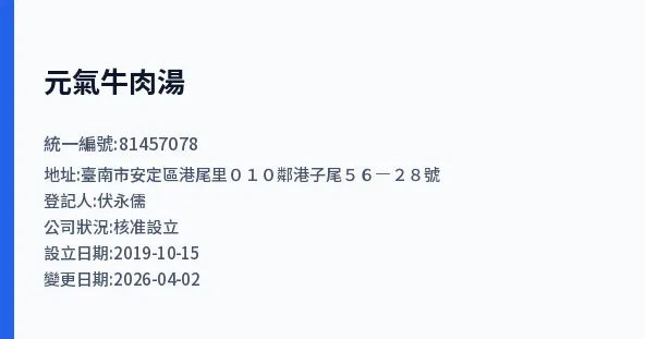 元氣牛肉湯的照片-統編 81457078(臺南市) 公司登記資料與營業項目詳細圖表