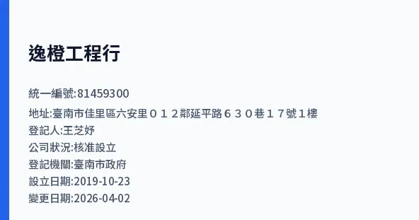逸橙工程行的照片-統編 81459300(臺南市) 公司登記資料與營業項目詳細圖表