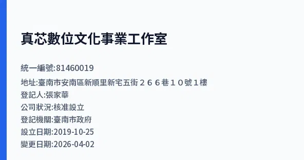 真芯數位文化事業工作室的照片-統編 81460019(臺南市) 公司登記資料與營業項目詳細圖表