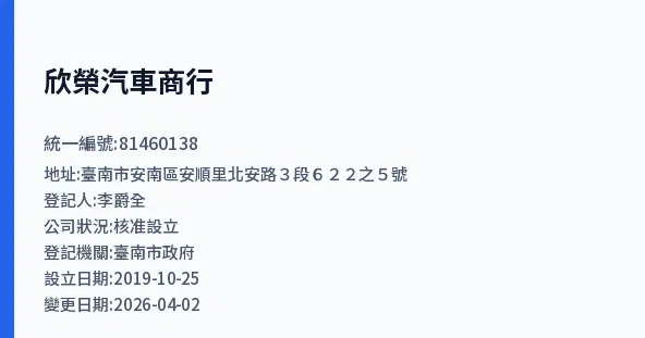 欣榮汽車商行的照片-統編 81460138(臺南市) 公司登記資料與營業項目詳細圖表