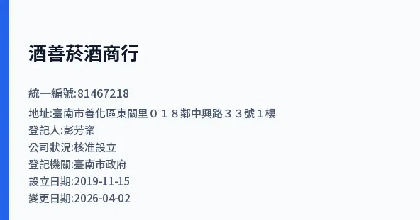酒善菸酒商行的照片-統編 81467218(臺南市) 公司登記資料與營業項目詳細圖表