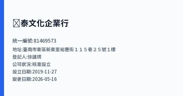 贎泰文化企業行的照片-統編 81469573(臺南市) 公司登記資料與營業項目詳細圖表