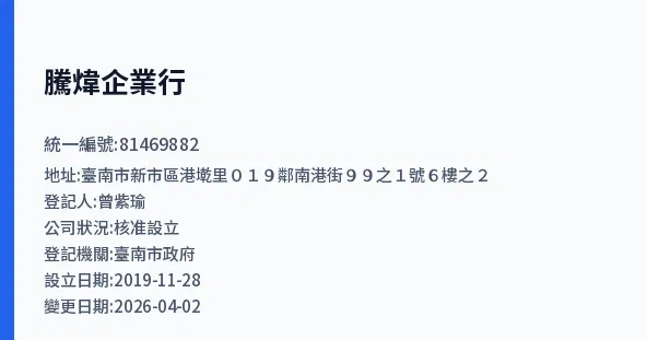 騰煒企業行的照片-統編 81469882(臺南市) 公司登記資料與營業項目詳細圖表