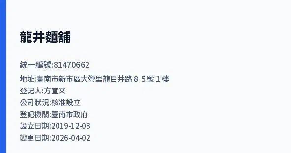 龍井麵舖的照片-統編 81470662(臺南市) 公司登記資料與營業項目詳細圖表