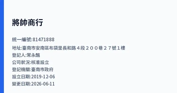 將帥商行的照片-統編 81471888(臺南市) 公司登記資料與營業項目詳細圖表