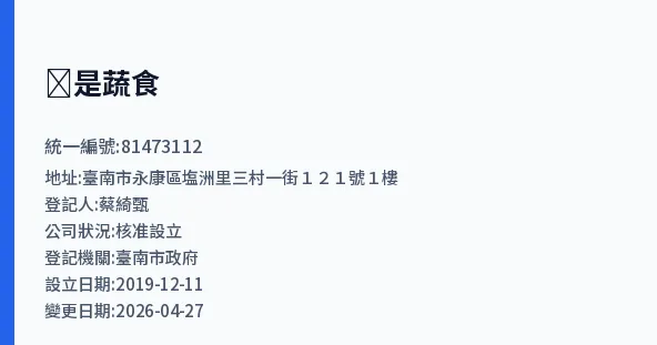 䊆是蔬食的照片-統編 81473112(臺南市) 公司登記資料與營業項目詳細圖表