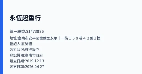永恆起重行的照片-統編 81473886(臺南市) 公司登記資料與營業項目詳細圖表