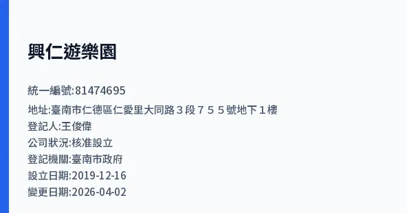 興仁遊樂園的照片-統編 81474695(臺南市) 公司登記資料與營業項目詳細圖表