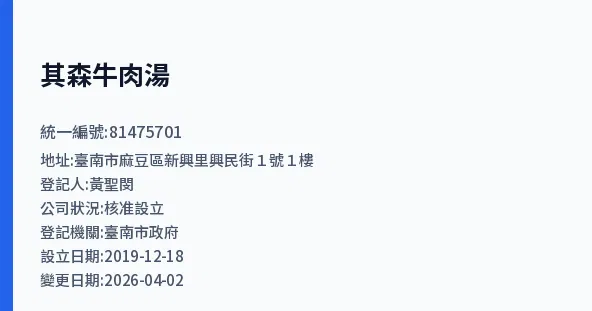 其森牛肉湯的照片-統編 81475701(臺南市) 公司登記資料與營業項目詳細圖表