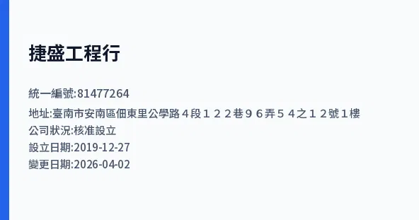 捷盛工程行的照片-統編 81477264(臺南市) 公司登記資料與營業項目詳細圖表