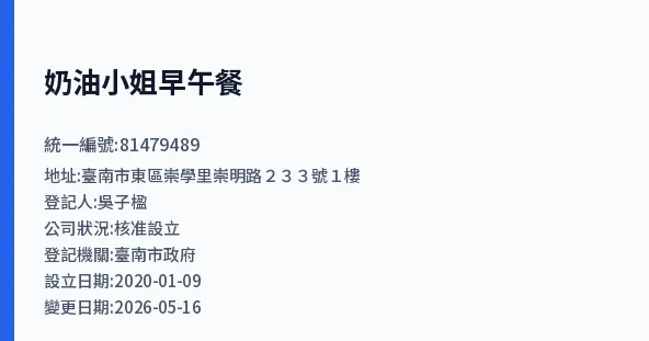 奶油小姐早午餐的照片-統編 81479489(臺南市) 公司登記資料與營業項目詳細圖表