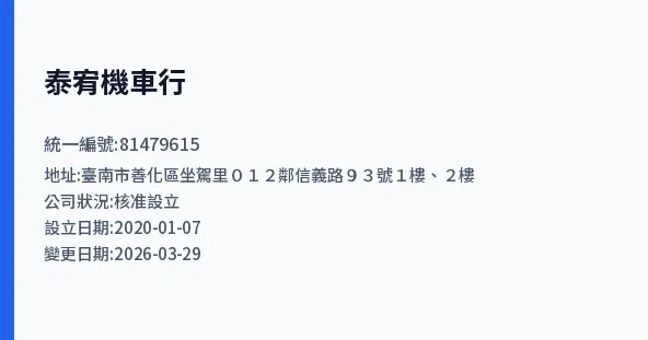 泰宥機車行的照片-統編 81479615(臺南市) 公司登記資料與營業項目詳細圖表