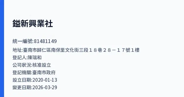 鎰新興業社的照片-統編 81481149(臺南市) 公司登記資料與營業項目詳細圖表