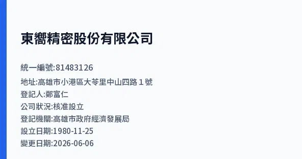 東嚮精密股份有限公司的照片-統編 81483126(高雄市) 公司登記資料與營業項目詳細圖表