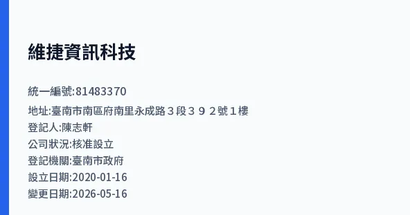 維捷資訊科技的照片-統編 81483370(臺南市) 公司登記資料與營業項目詳細圖表