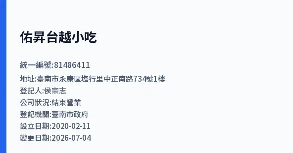 佑昇台越小吃的照片-統編 81486411(臺南市) 公司登記資料與營業項目詳細圖表