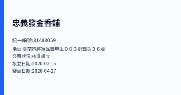 忠義發金香舖的照片-統編 81488059(臺南市) 公司登記資料與營業項目詳細圖表