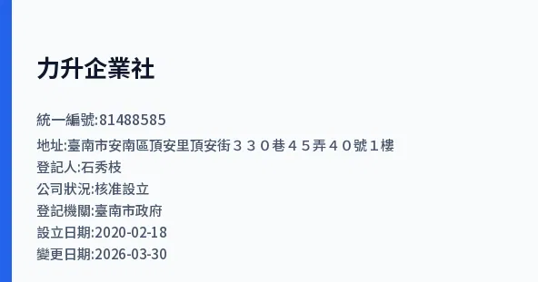 力升企業社的照片-統編 81488585(臺南市) 公司登記資料與營業項目詳細圖表