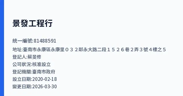 景發工程行的照片-統編 81488591(臺南市) 公司登記資料與營業項目詳細圖表