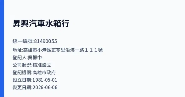昇興汽車水箱行的照片-統編 81490055(高雄市) 公司登記資料與營業項目詳細圖表