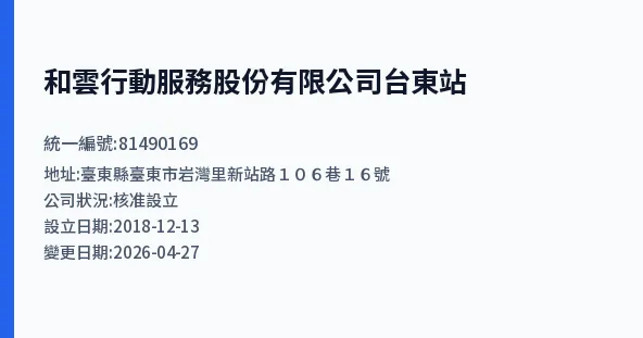 和雲行動服務股份有限公司台東站的照片-統編 81490169(臺東縣) 公司登記資料與營業項目詳細圖表