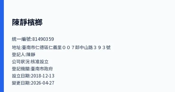 陳靜檳榔的照片-統編 81490359(臺南市) 公司登記資料與營業項目詳細圖表