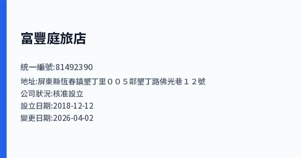 富豐庭旅店的照片-統編 81492390(屏東縣) 公司登記資料與營業項目詳細圖表